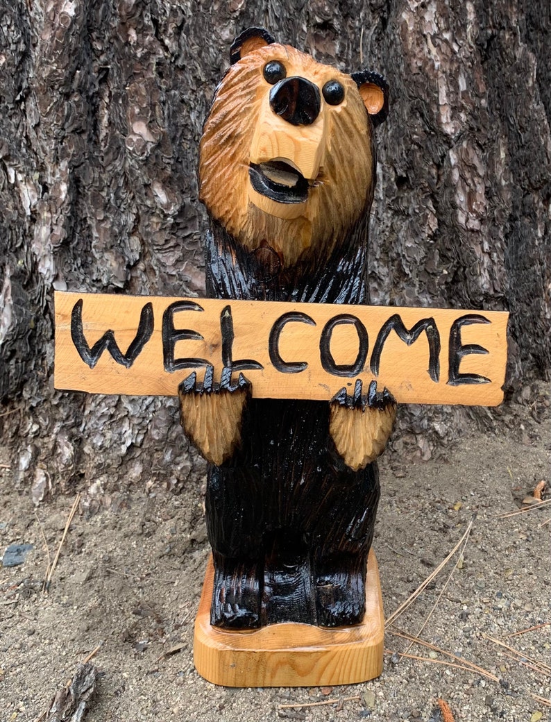 Wood Carved Standing Bear Chainsaw Art With Welcome Sign, Small - Etsy