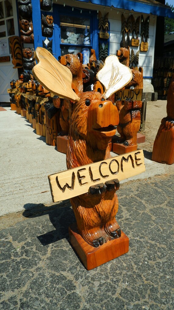 Wood Carved Moose With Welcome Sign - Etsy