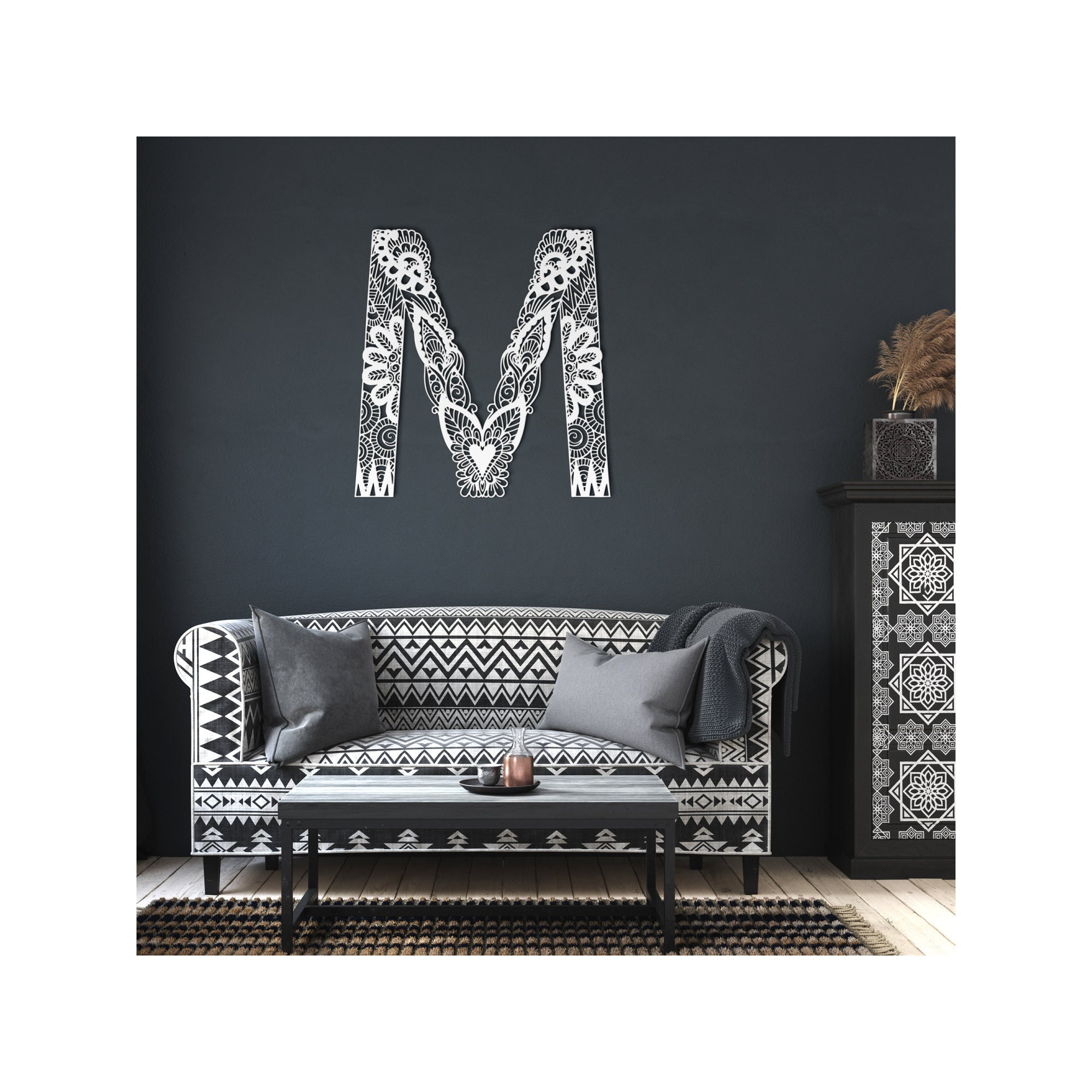 M Alphabet Monogram Metal Wall Art Deco, Letter M Metal Art Print, Line ...