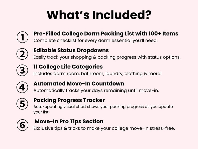 College Dorm Packing List: Google Sheets Planner With Move-in Countdown ...