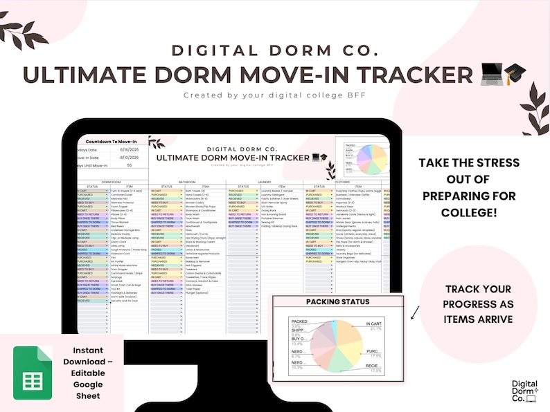 College Dorm Packing List: Google Sheets Planner With Move-in Countdown ...