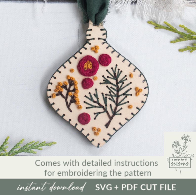 Embroidered Christmas Tree Ornament SVG Botanical Embroidery Pattern on ...