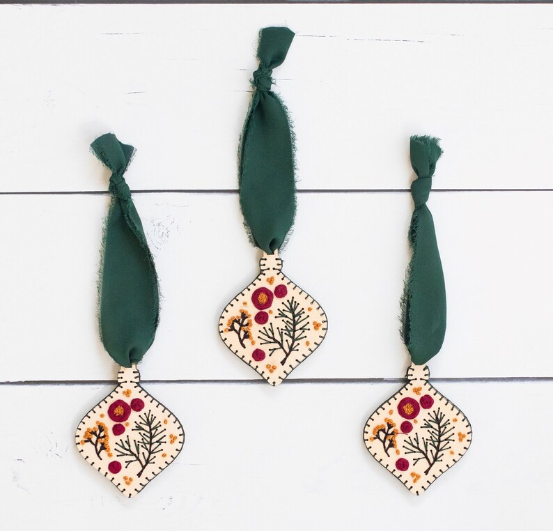 Embroidered Botanical Christmas Ornament Kit on Wood, Set of 3 DIY ...