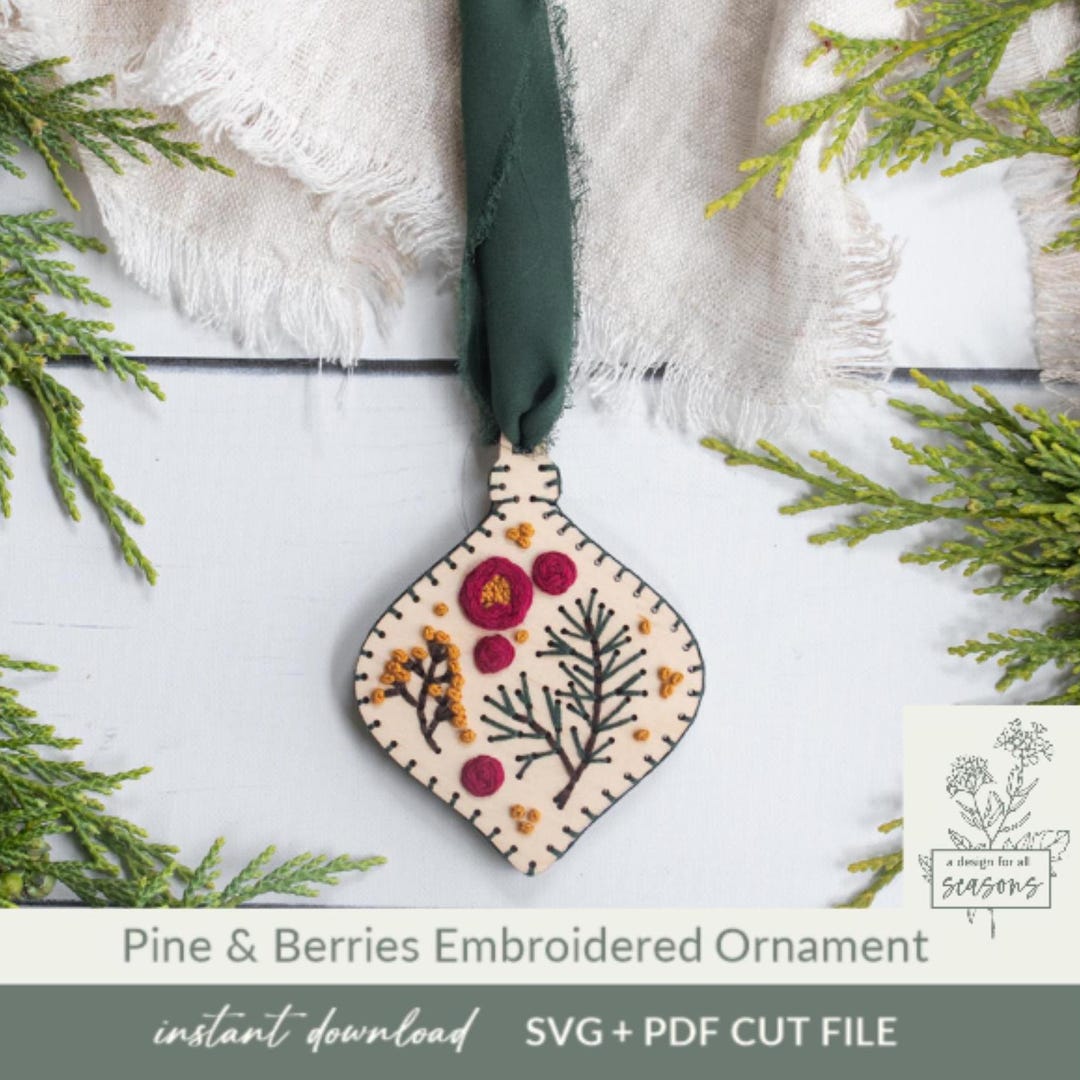 Embroidered Christmas Tree Ornament SVG Botanical Embroidery Pattern on ...