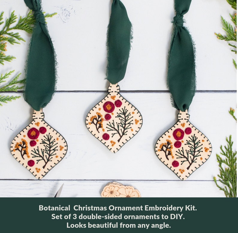 Embroidered Botanical Christmas Ornament Kit on Wood, Set of 3 DIY ...