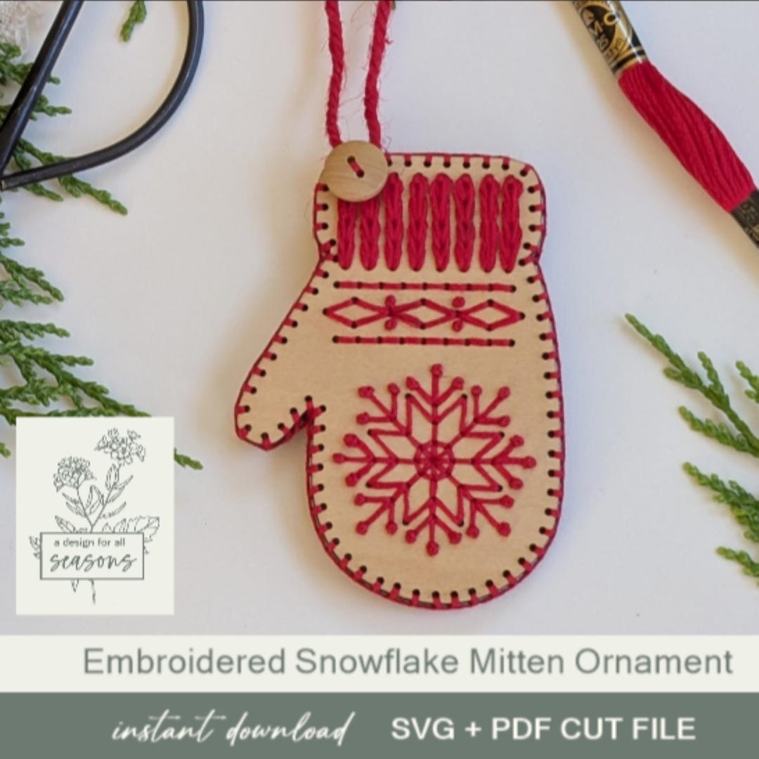 Embroidered Mitten Christmas Tree Ornament SVG | Laser Ready Embroidery ...