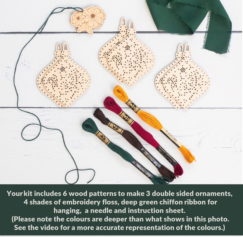 Embroidered Botanical Christmas Ornament Kit on Wood, Set of 3 DIY ...