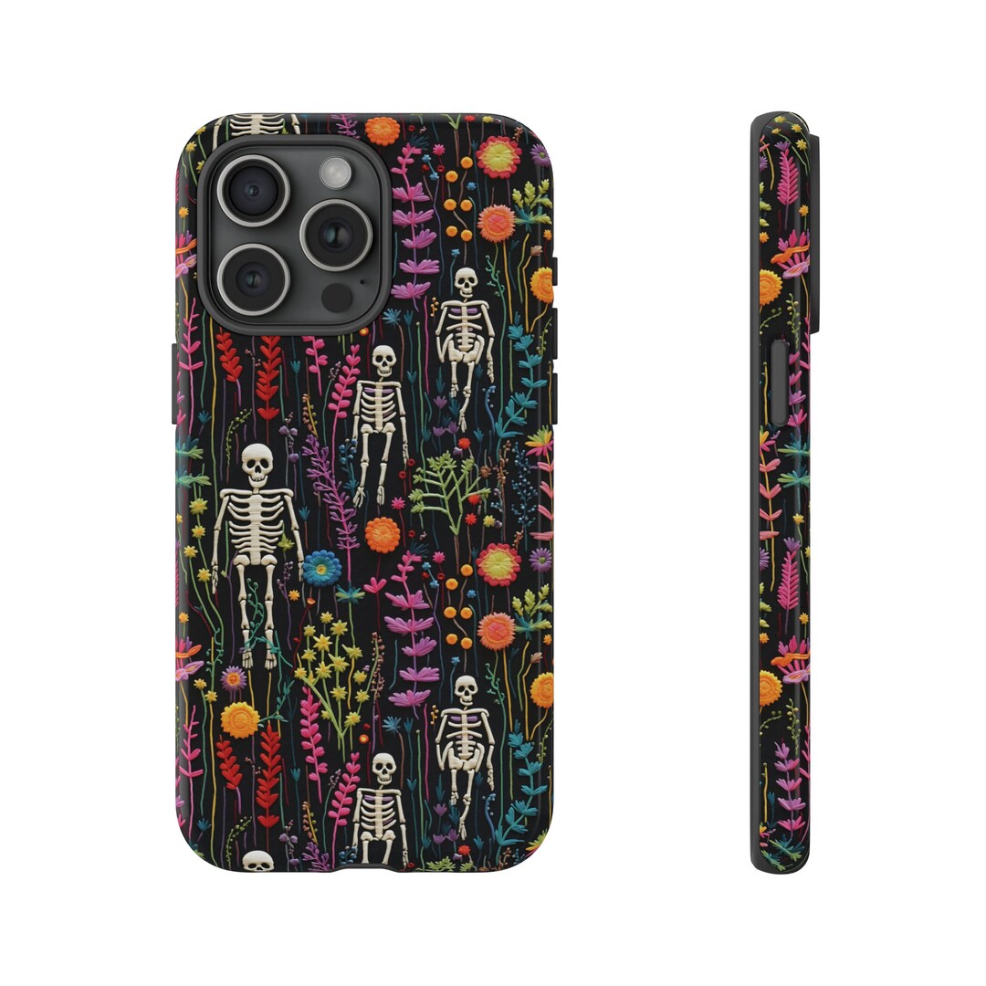 Skeletons and Flowers Phone Case, Embroidered Floral Phone Case ...