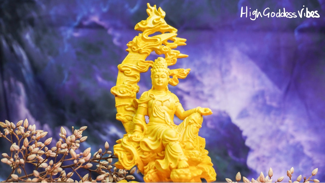 Quan Yin on Moon Wooden Statue - Chinese Goddess of Mercy Kindness ...