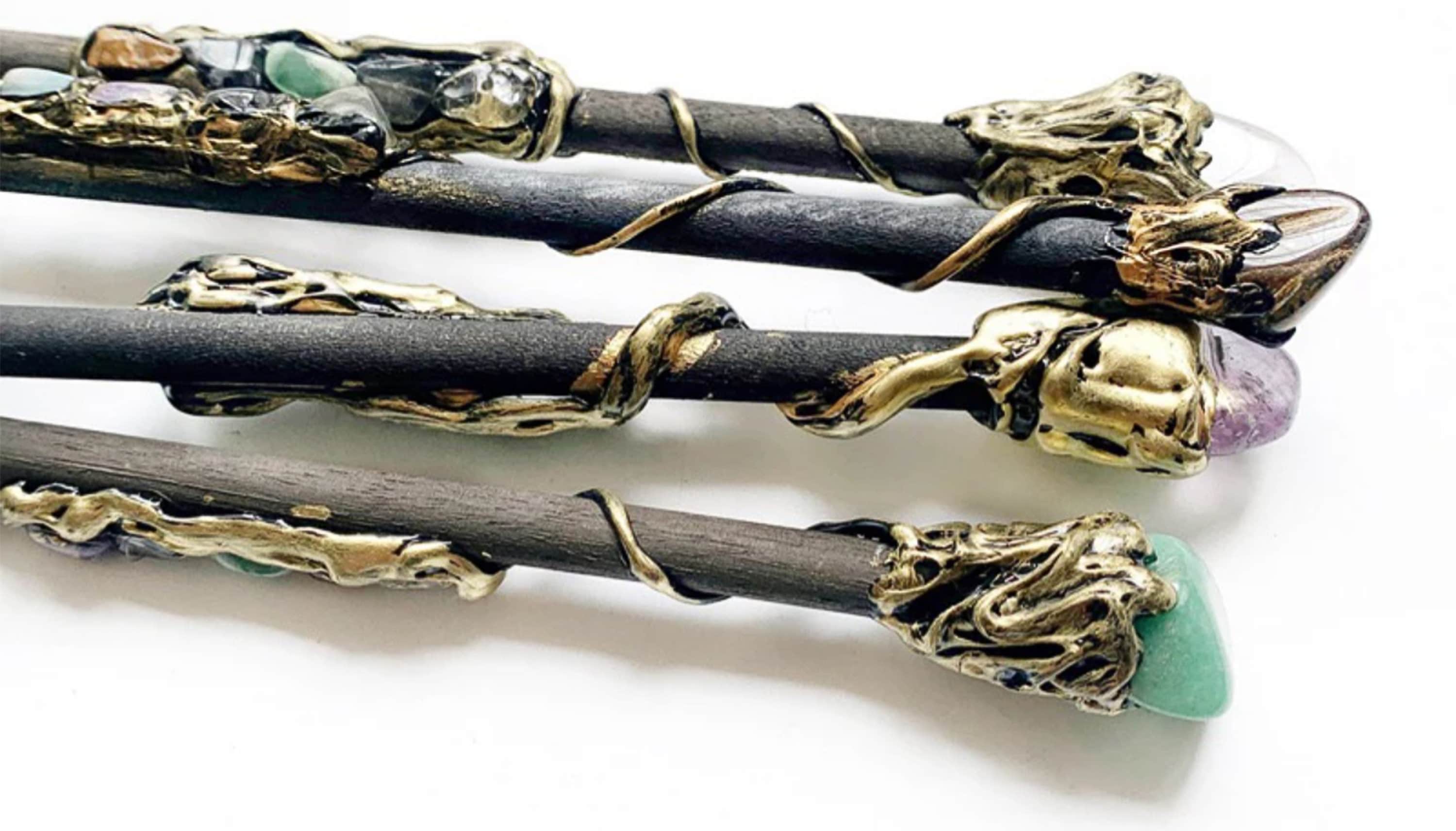 Double Ended Crystal Wooden Wand - Natural Amethyst Tiger Eye Quartz ...