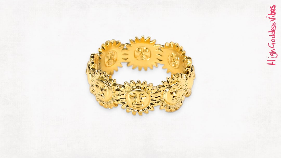 Sun Face Band Ring - Gold or Silver Continuous Image Rings, Celestial Spiritual Sunshine Energy ...
