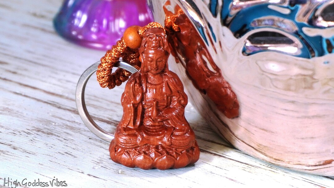 Quan Yin Mini Statue Key Ring - Chinese Bodhisattva Goddess Wooden ...