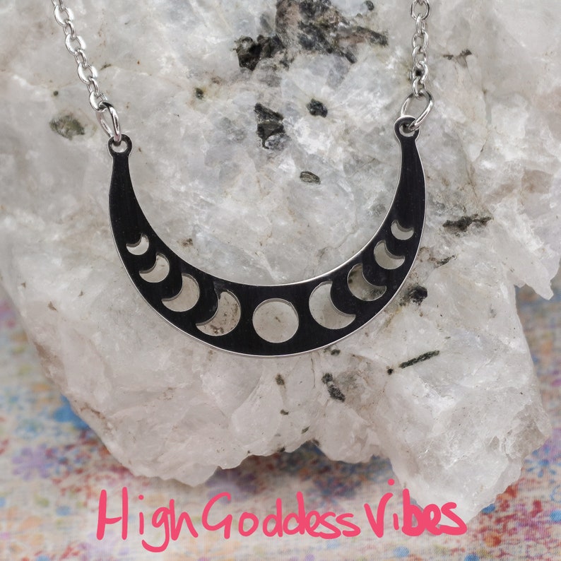 Crescent Moon With Moon Phase Inlay Necklace Silver & Gold Lunar Boho ...