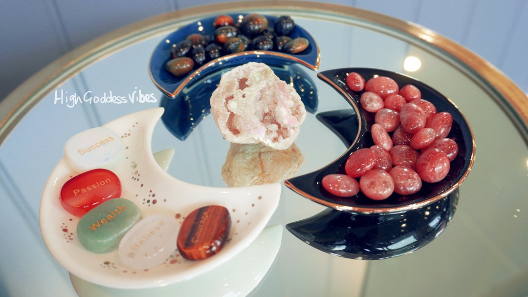 Set of 3 Ceramic Half Moon Ring Dishes Crescent White Blue Black ...