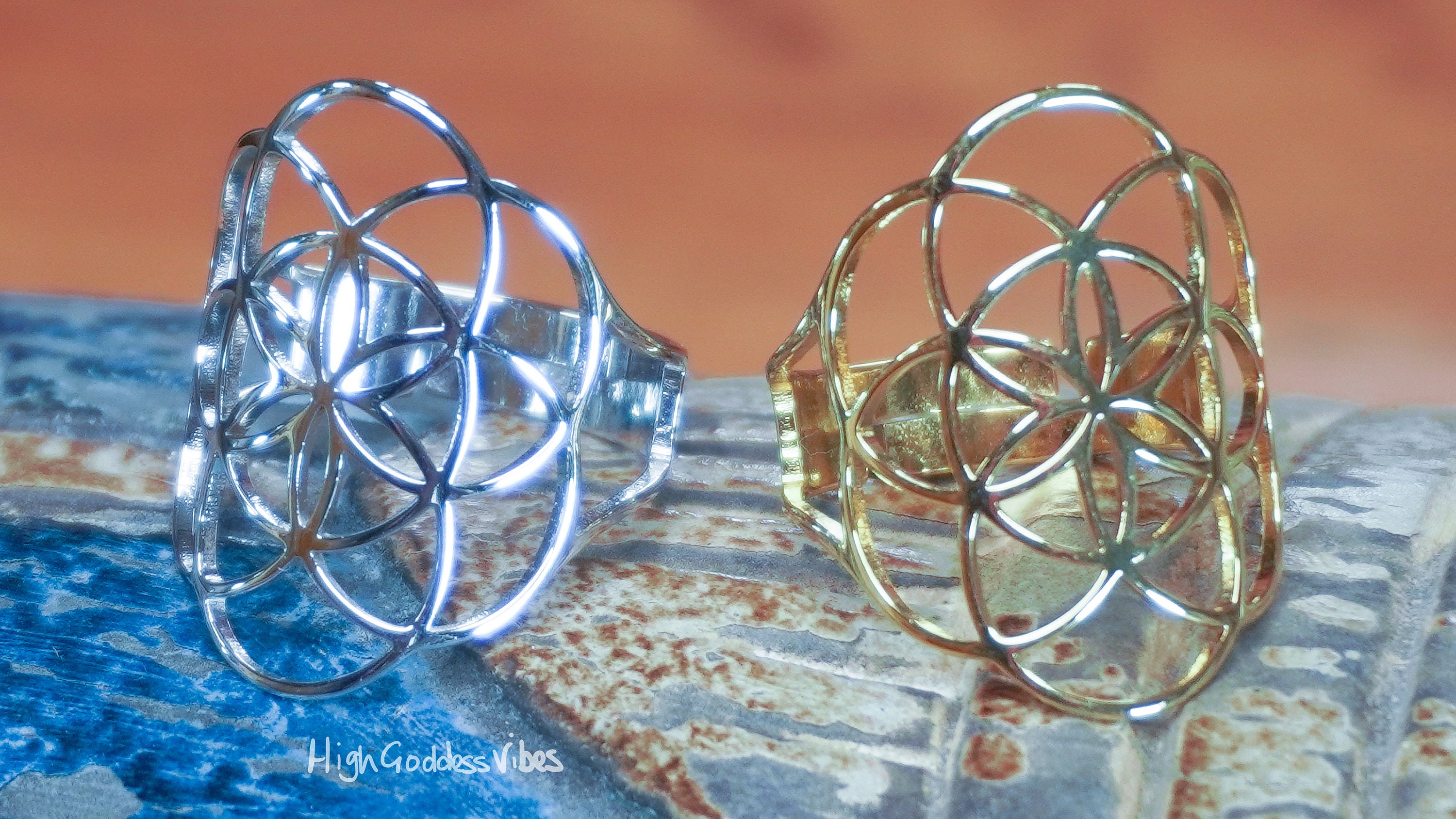 Seed of Life Sacred Geometry Ring Rose Gold Black Silver, Resizable ...