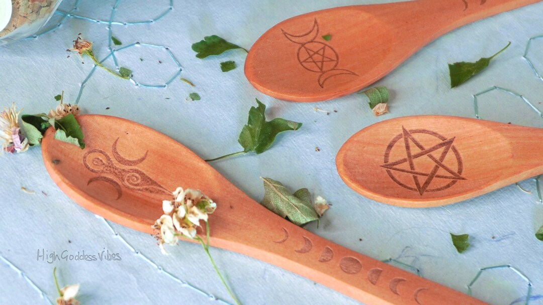 Wooden Triple Moon Goddess Altar Spoon With Moon Phase Handle, Natural ...
