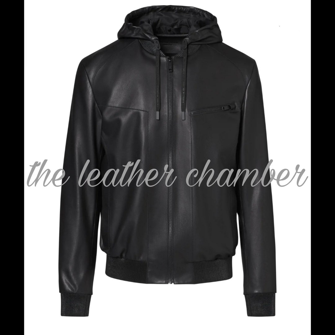 Real Handmade Hooded Leather Bomber Jacket Leather Hoodie for Men and ...
