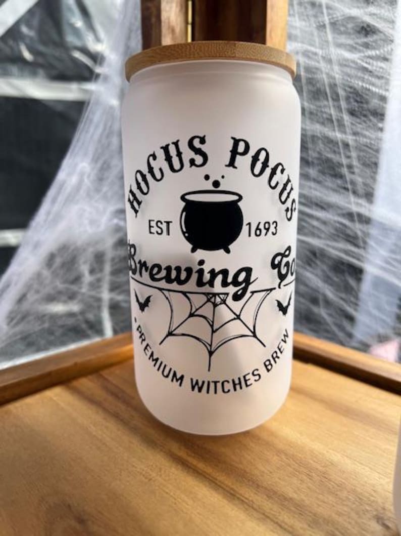 Hocus Pocus Frosted Glass Cup With Bamboo Lid, Straw and Straw Cleaner ...