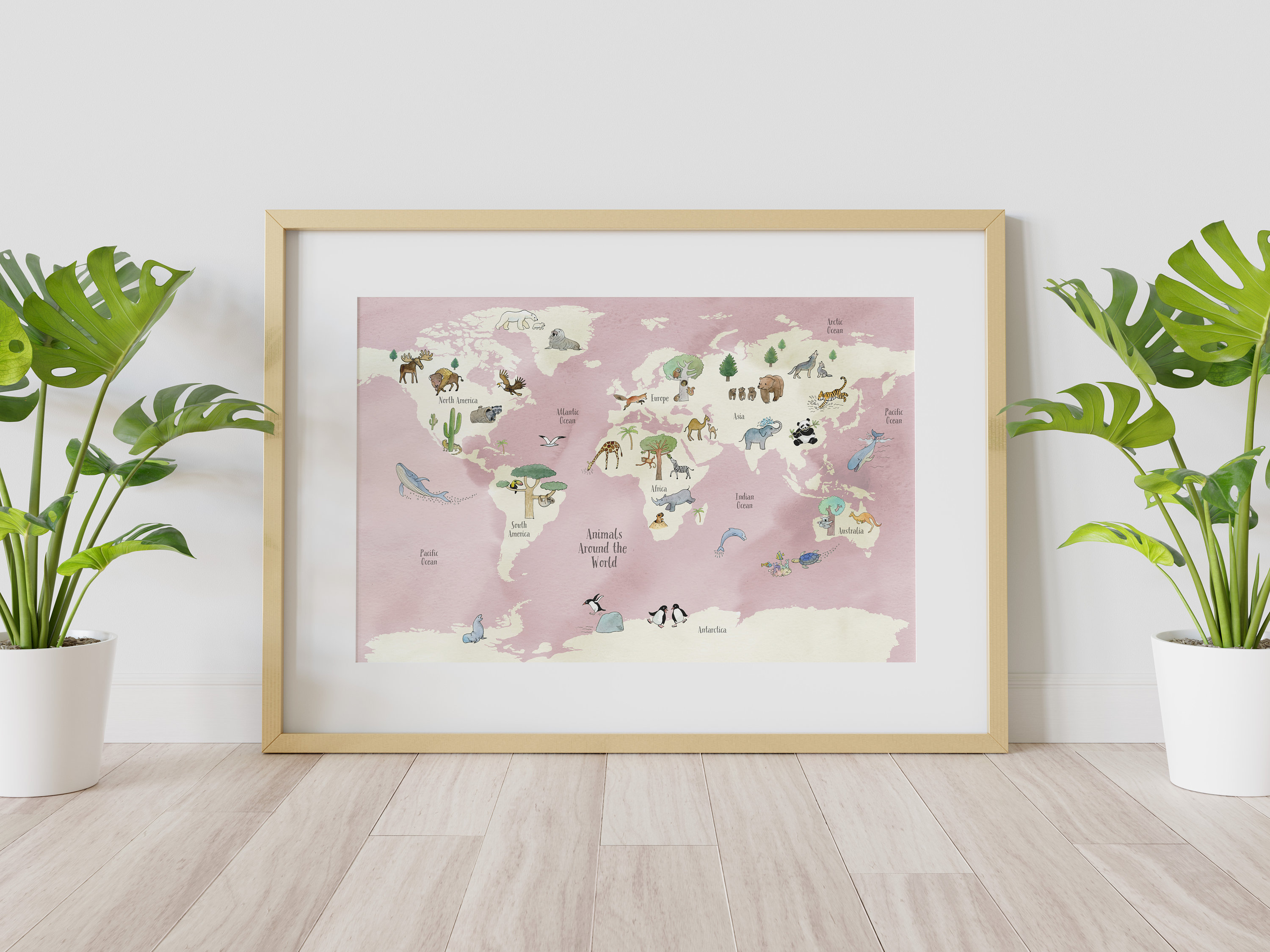 Printable Animal World Map, Pink World Map, Baby Girl Nursery Decor ...