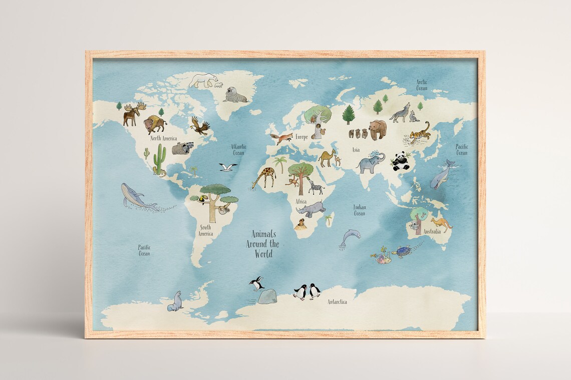 PRINTABLE Animal World Map, Kids World Map Poster, Watercolor Nursery ... PRINTABLE Animal World Map, Kids World Map Poster, Watercolor Nursery ...