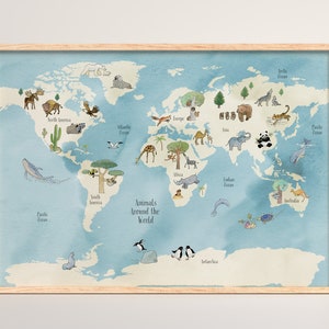 PRINTABLE Animal World Map, Kids World Map Poster, Watercolor Nursery ...