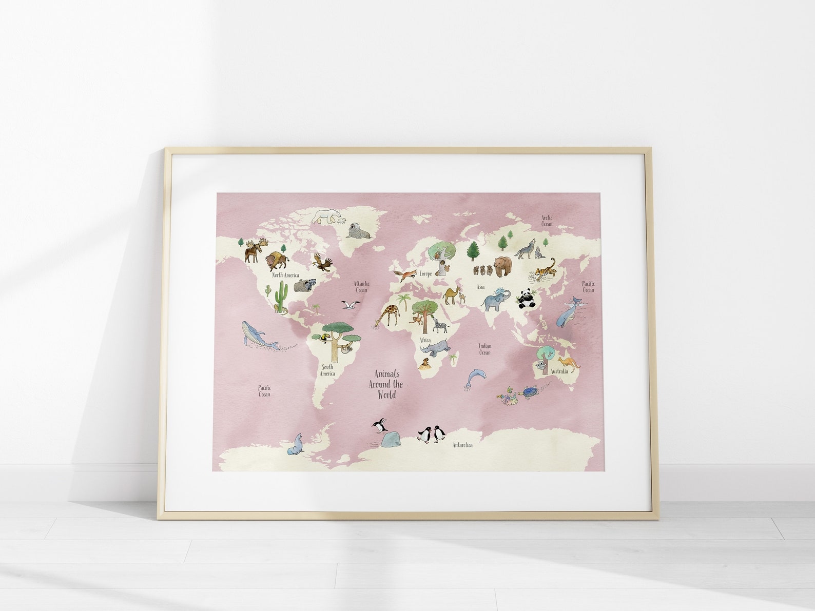 Printable Animal World Map, Pink World Map, Baby Girl Nursery Decor ...