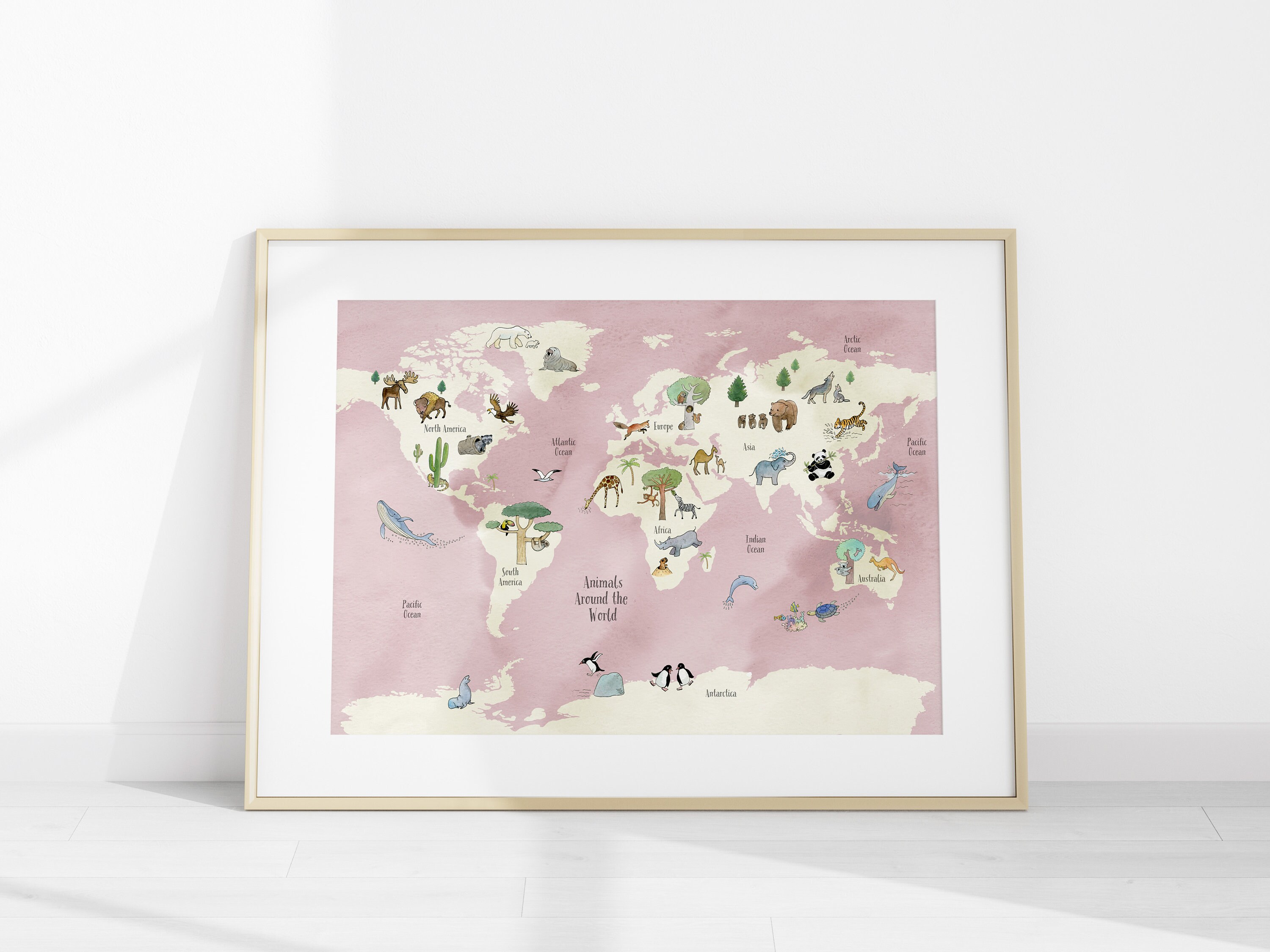 Printable Animal World Map, Pink World Map, Baby Girl Nursery Decor ...
