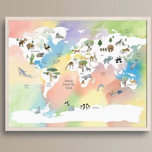 Printable Watercolor World Map, Animal World Map, Colorful Nursery ...