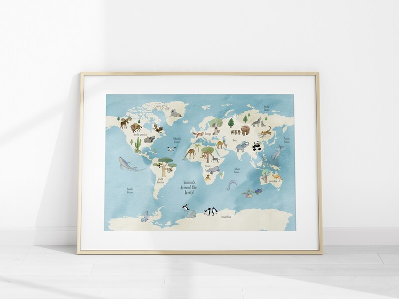 PRINTABLE Animal World Map, Kids World Map Poster, Watercolor Nursery ...