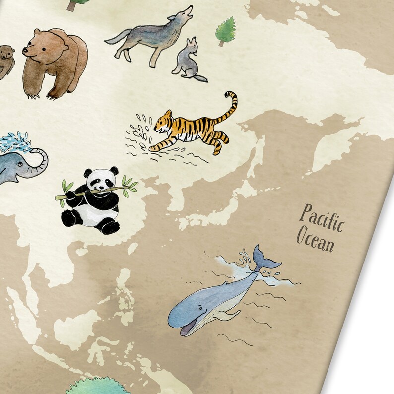 Printable Kids World Map, Animal World Map, Boho Nursery Decor ...