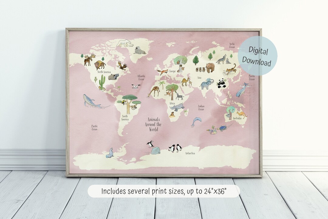 Printable Animal World Map, Pink World Map, Baby Girl Nursery Decor ...