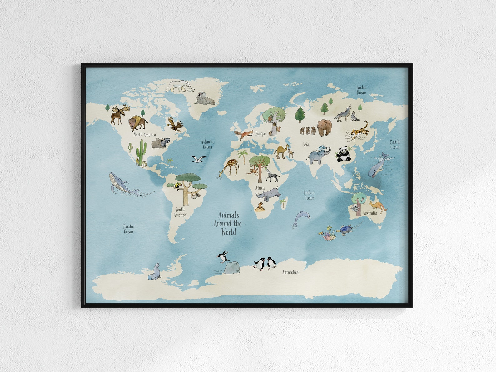 PRINTABLE Animal World Map, Kids World Map Poster, Watercolor Nursery ...