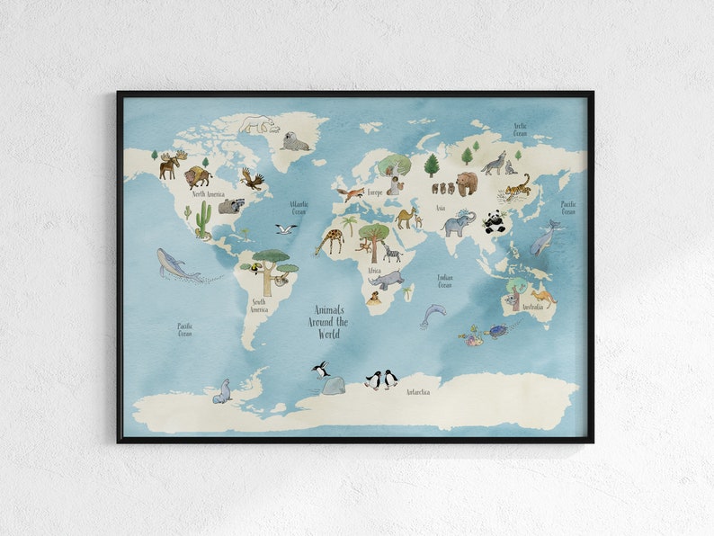 PRINTABLE Animal World Map, Kids World Map Poster, Watercolor Nursery ...
