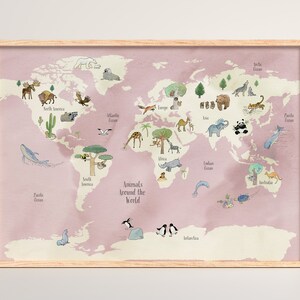 Printable Animal World Map, Pink World Map, Baby Girl Nursery Decor ...
