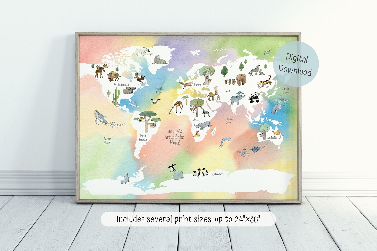 Printable Watercolor World Map, Animal World Map, Colorful Nursery ...