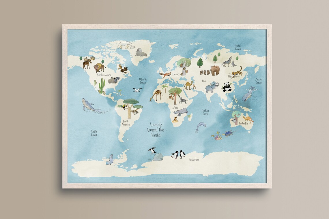 PRINTABLE Animal World Map, Kids World Map Poster, Watercolor Nursery ...
