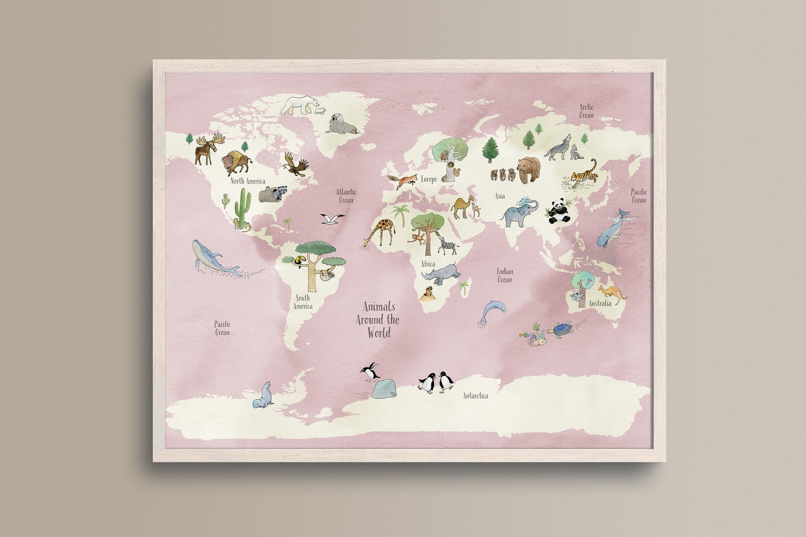 Printable Animal World Map, Pink World Map, Baby Girl Nursery Decor ...