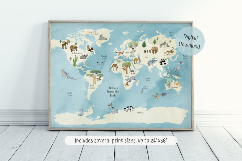 PRINTABLE Animal World Map, Kids World Map Poster, Watercolor Nursery ...