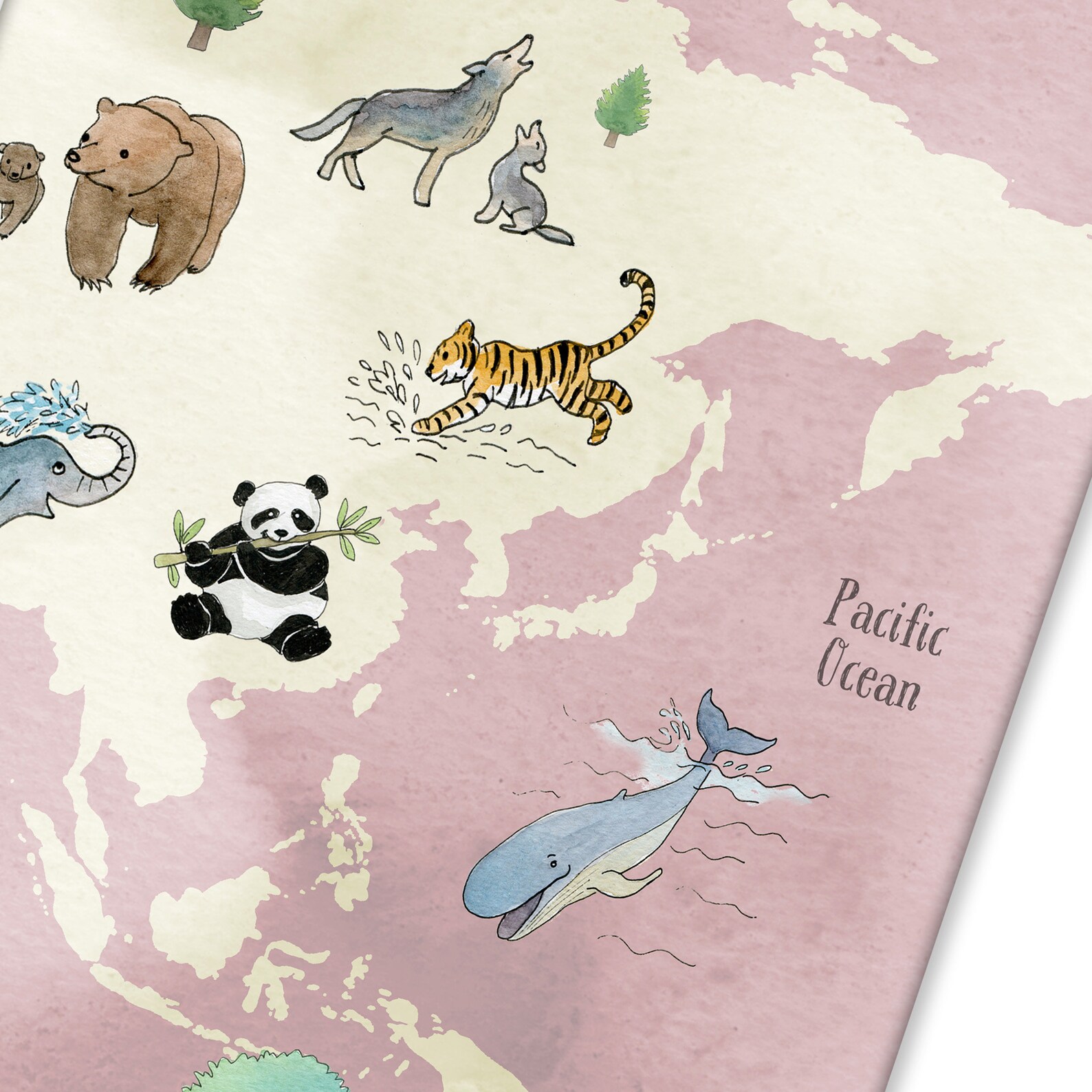 Printable Animal World Map, Pink World Map, Baby Girl Nursery Decor ...