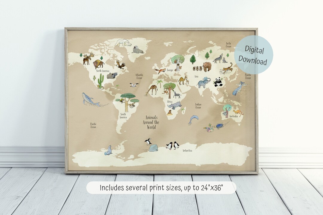 Mapa do mundo infantil para impressão, mapa do mundo animal, decoração ...