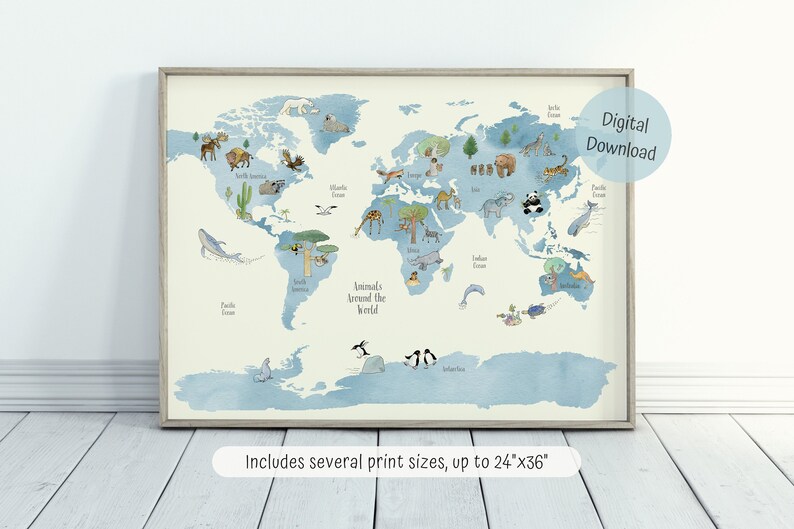 Printable World Map With Animals, Watercolor Nursery Art, Educational ...