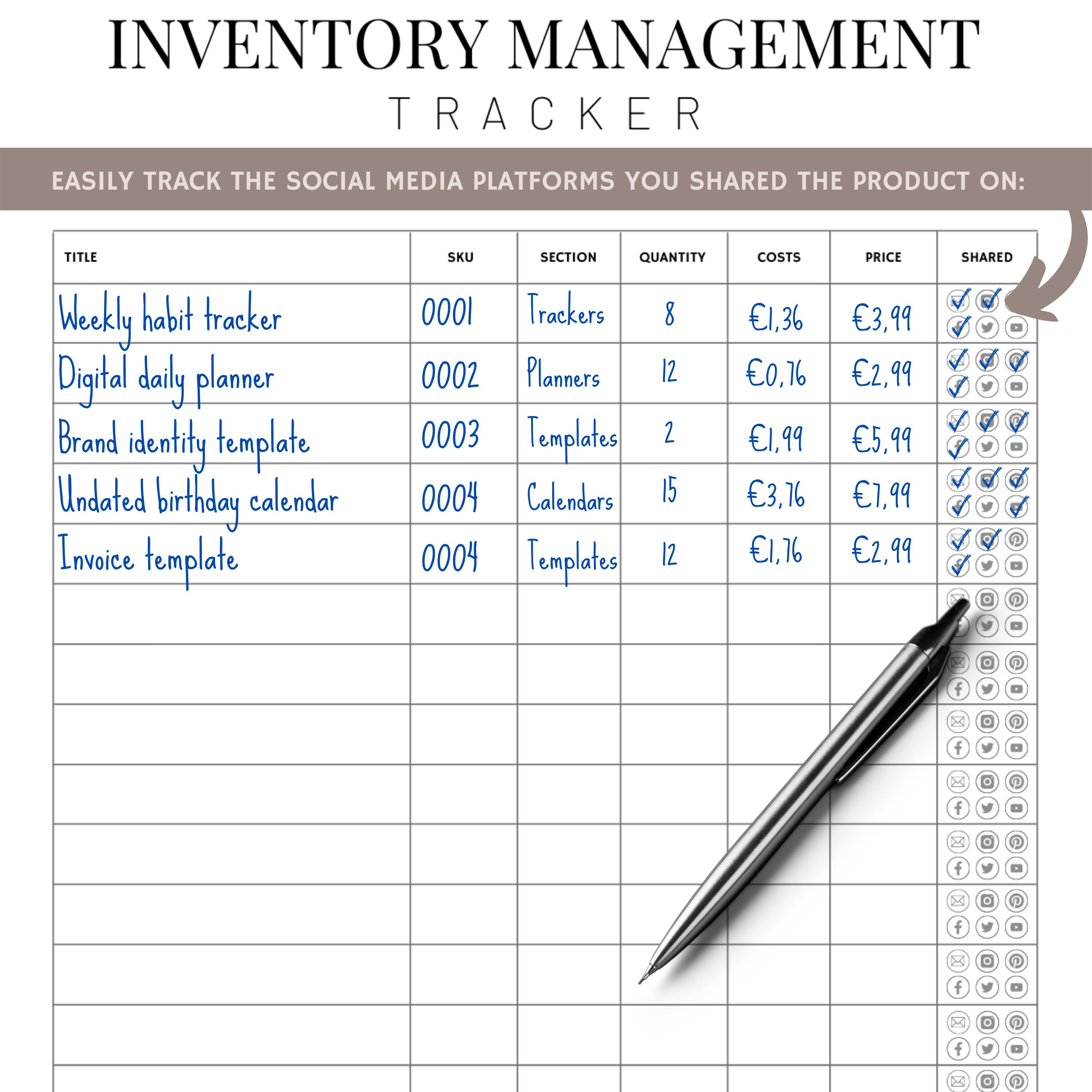 Value Pack Inventory Management, Printable Inventory Tracker, Product ...