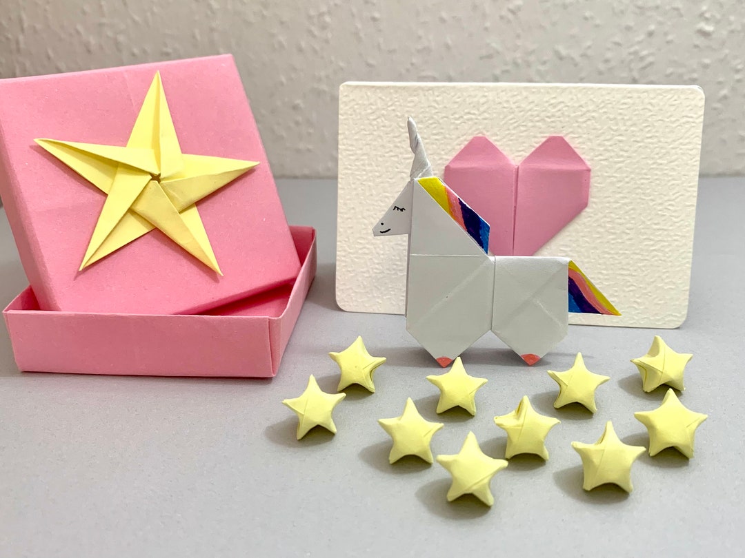 Origami Unicorn With 10 Stars, Heart Mini Card With Unicorn, Small Card ...