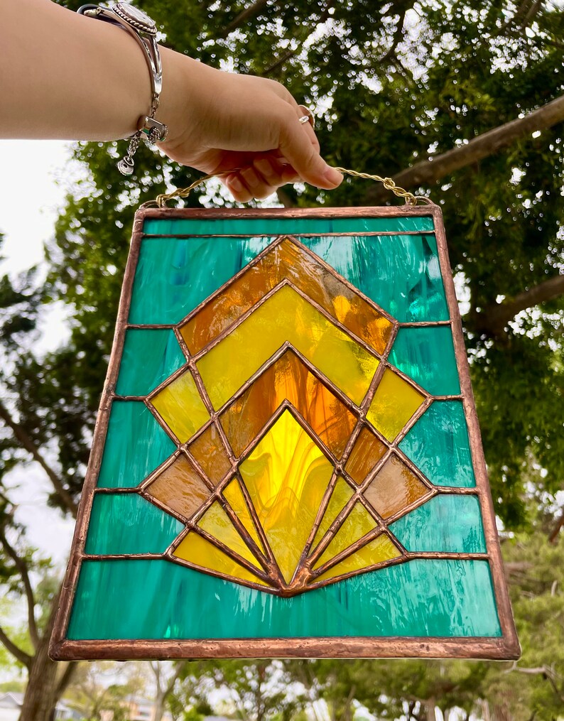 Stained Glass Art Deco Suncatcher Panel made to Order - Etsy