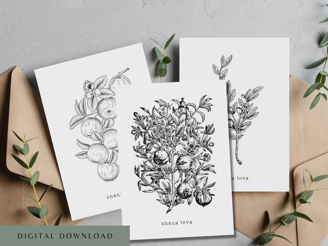 Printable 5x7 Vintage Rosh Hashanah Cards, Set of 3 - Pomegranate ...