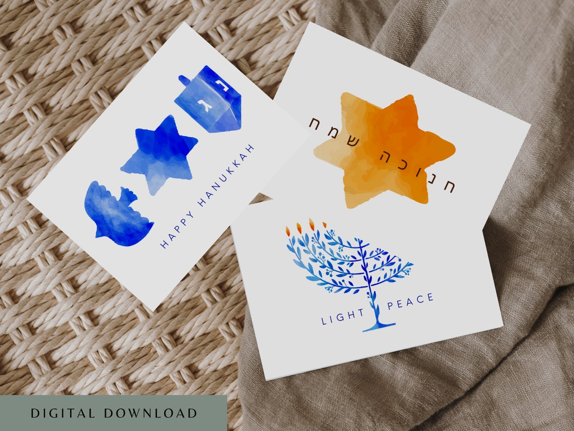 Printable 5x7 Hanukkah Cards, Set of 3, Watercolor - DIGITAL DOWNLOAD ...