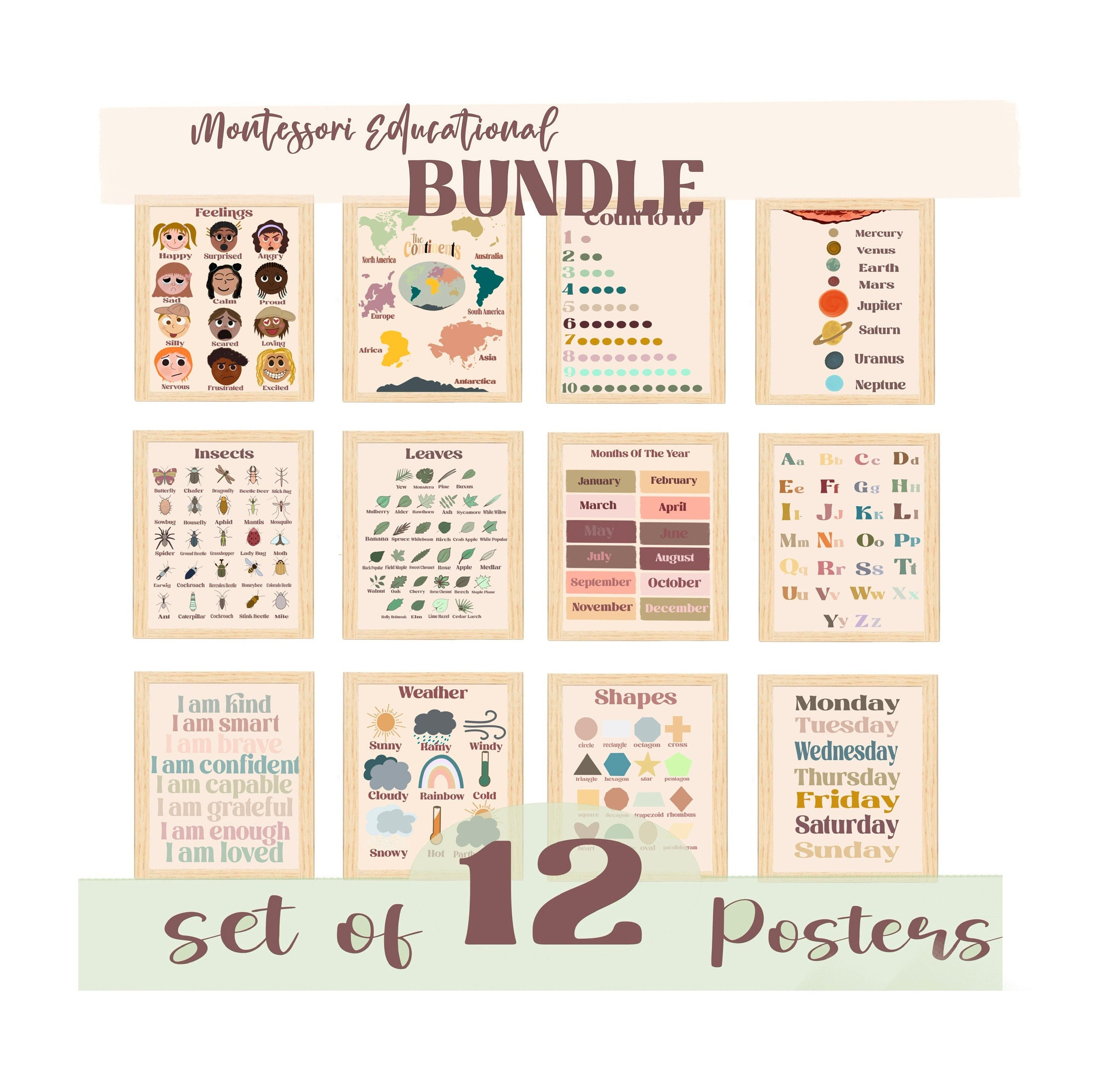 Montessori Inspired Educational Learning Poster Bundle, Boho Playroom ...