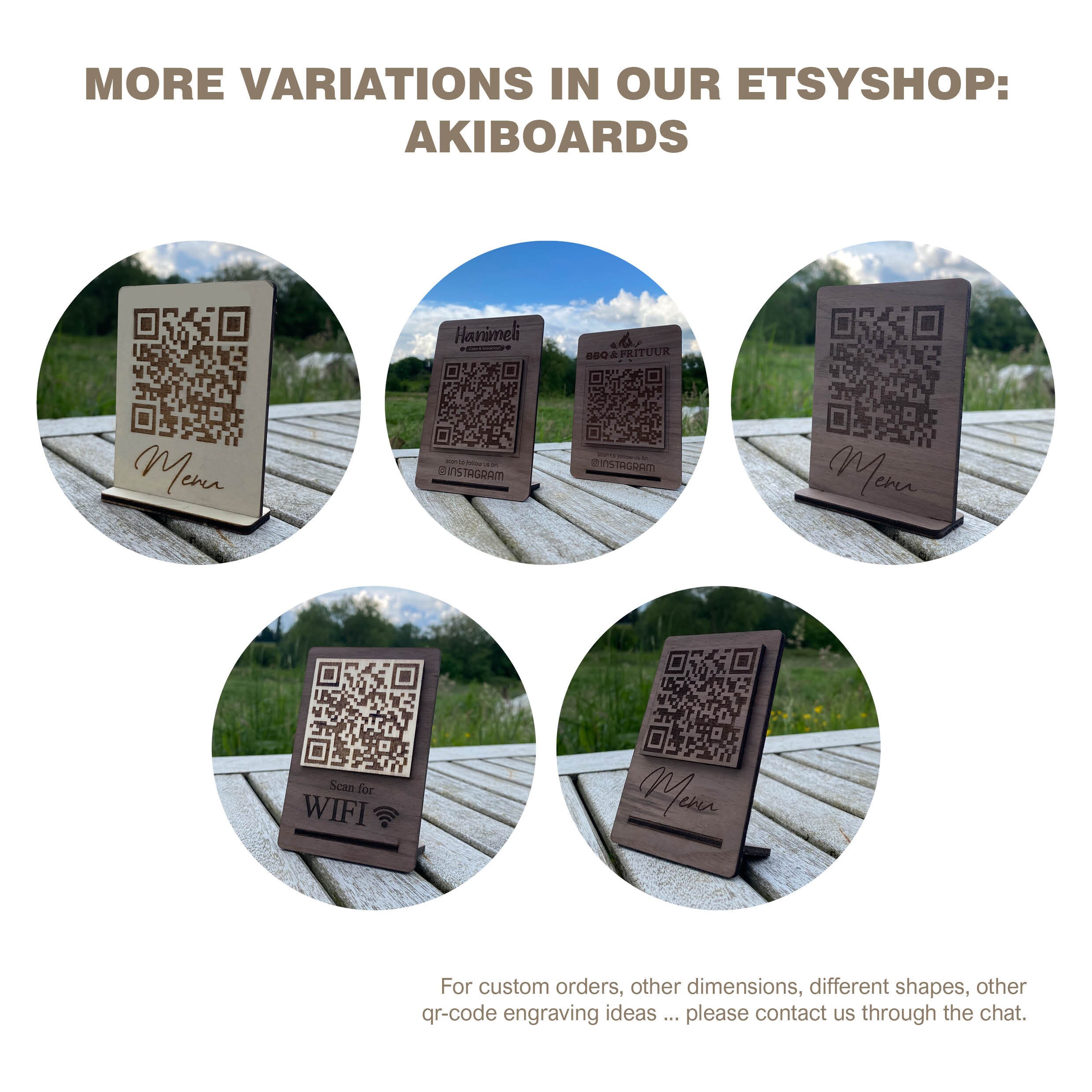 Custom Wooden QR Codes Menu, Wifi, Payqonic, Social Media and Own Text ...
