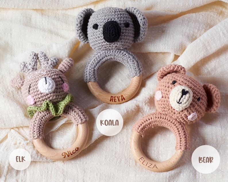 Personalized Animal Crochet Rattle, Custom Baby Shower Gift, Wooden ...