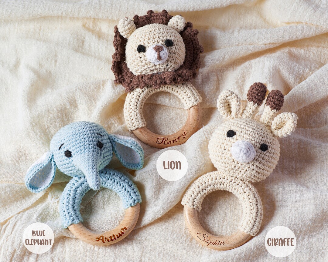 Personalized Animal Crochet Rattle, Custom Baby Shower Gift, Wooden ...